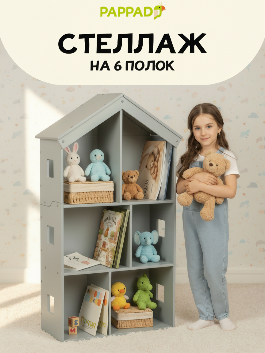 Стеллаж для игрушек "домик" для детской и гостиной от "Pappado", цвет серый