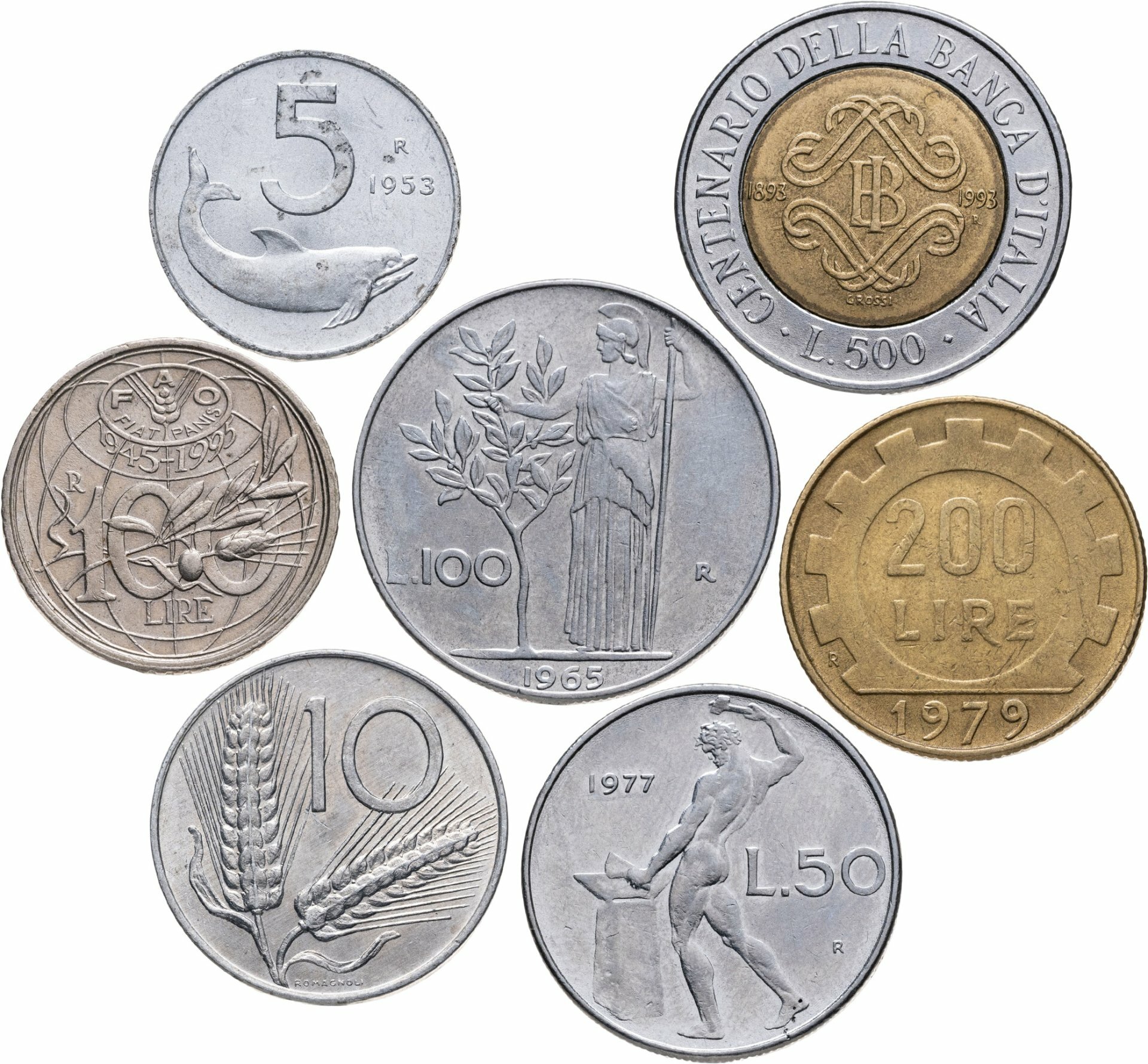 Италия набор из 7 монет 5, 10, 50, 100, 200, 500 лир 1953-1995, Различные сплавы, в сохранности VF-AU