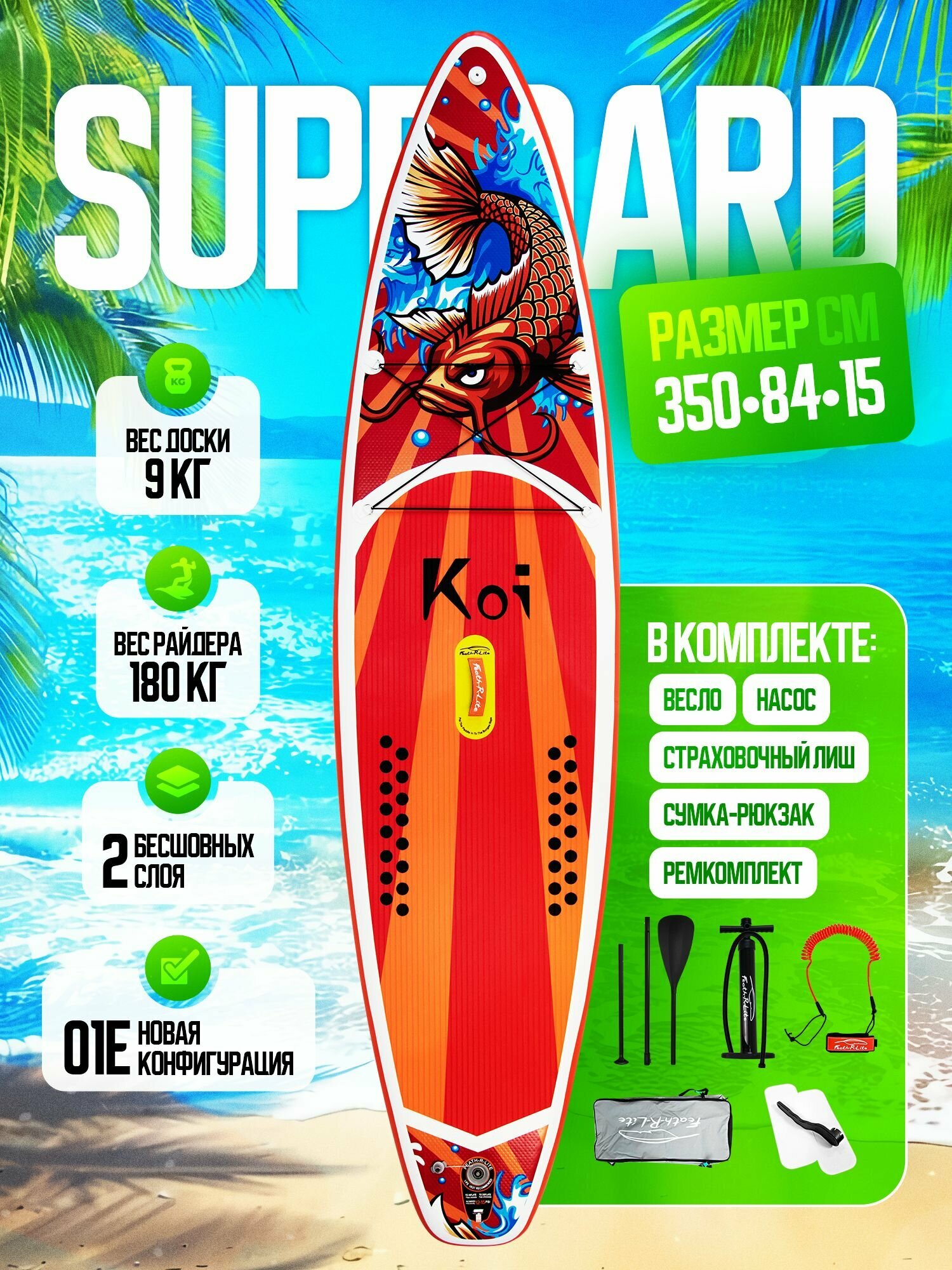 Сапборд KOI 350 надувной двухслойный с веслом (sup-доска) FUNWATER / саб доска для плавания / supboard 11.6