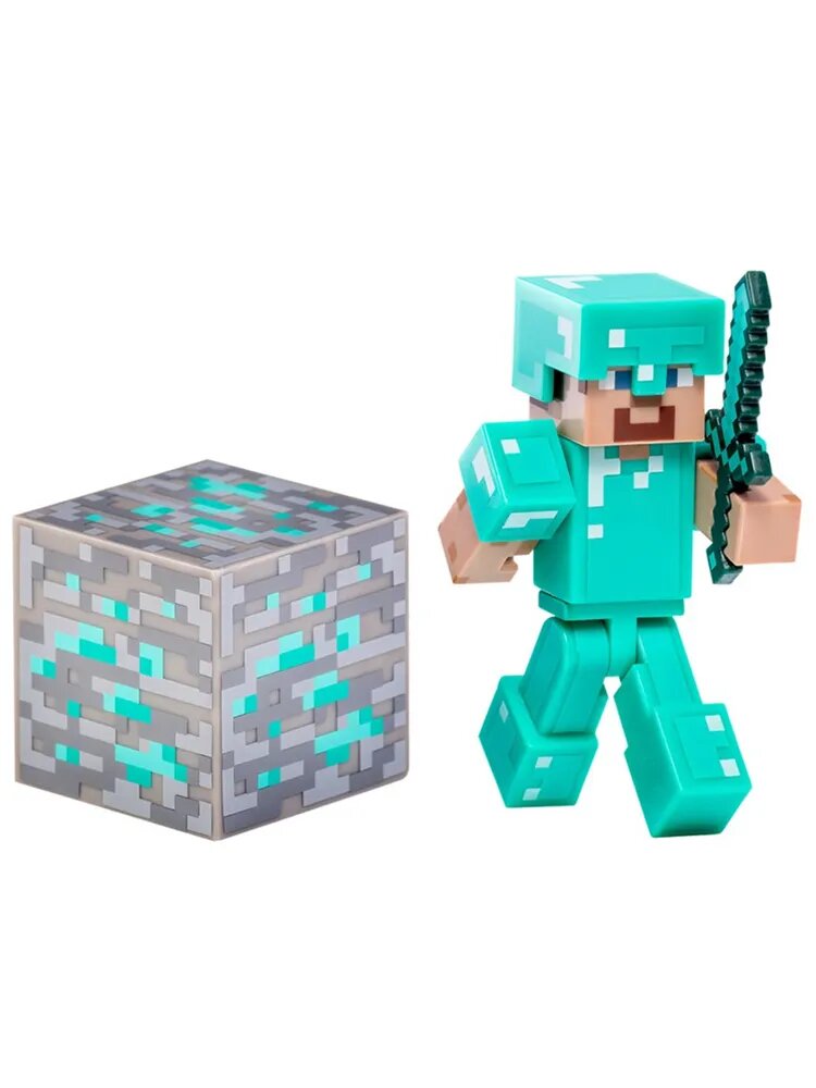 Фигурка Minecraft Diamond Steve Фигурка из пластика для детей и взрослых коллекционная на подставке с подвижными руками и ногами — фото 1