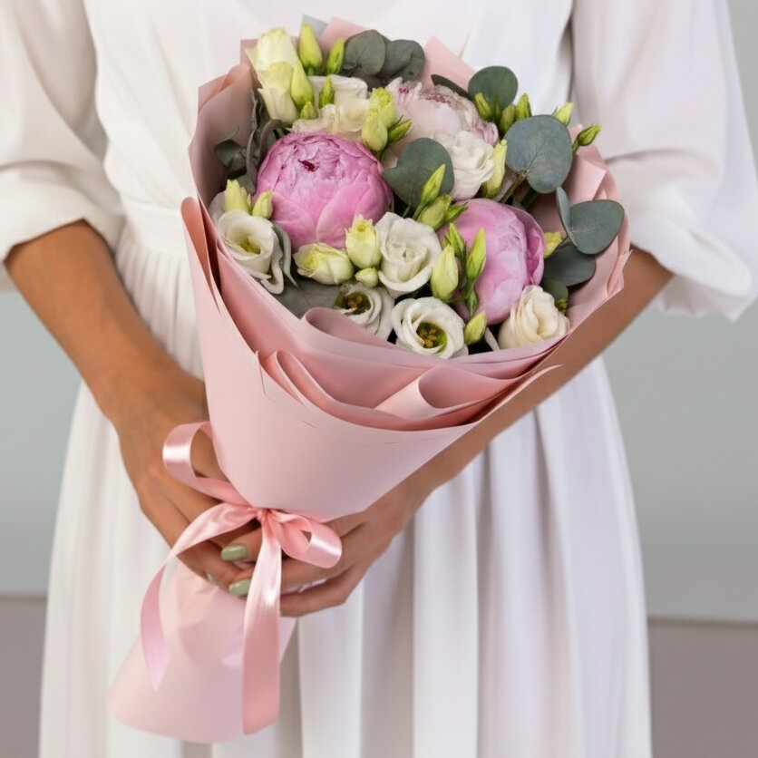 Дуо-букет Мегацвет24 "Трепетное Общение" мини, пион розовый и белая эустома, дизайнерская упаковка