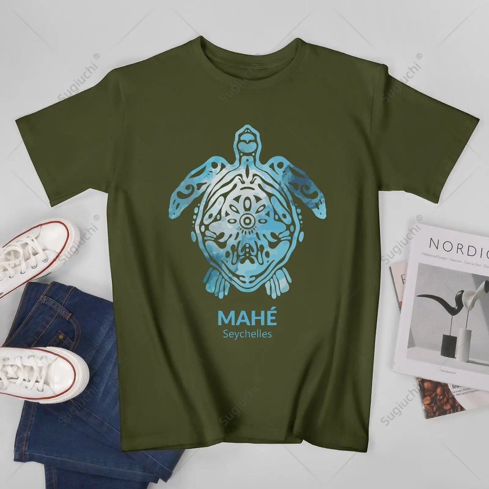 Мужская футболка Sugiuchi Mahe Seychelles Sea Turtle Ocean 100% хлопок L, army green-1