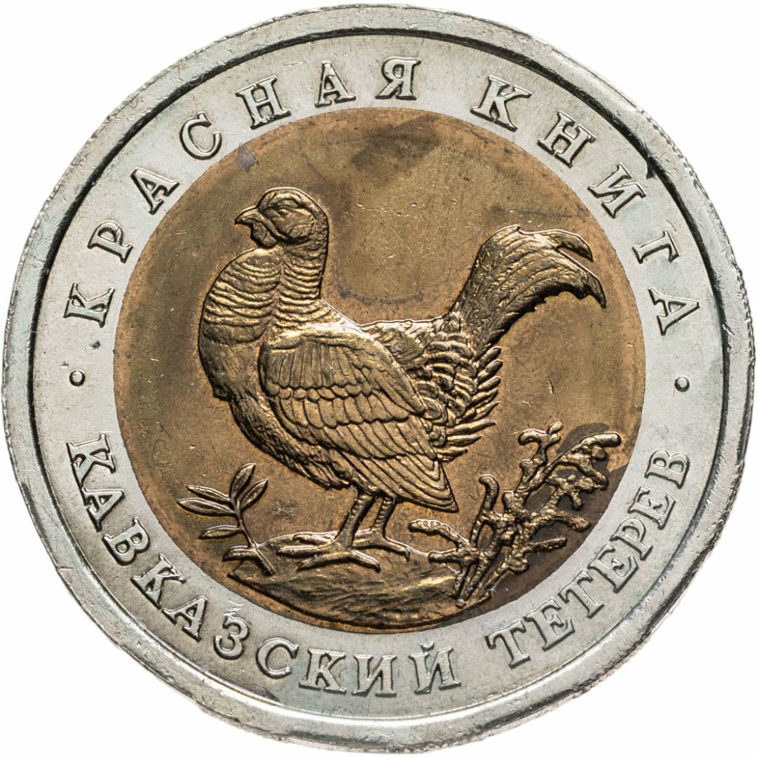 50 рублей 1993 ЛМД кавказский тетерев, Биметалл, в сохранности XF