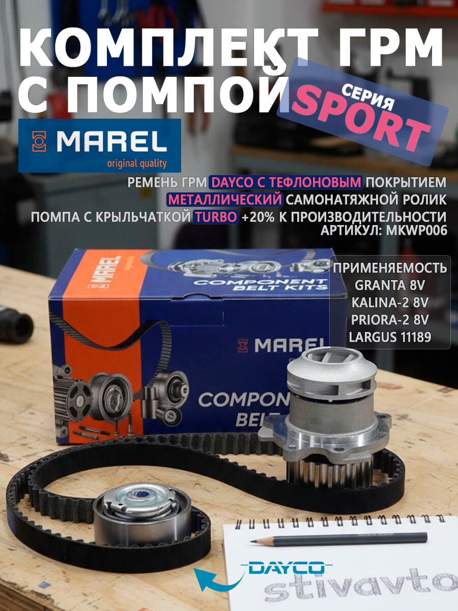 Комплект ГРМ с помпой Гранта 8V Marel Sport (ремень тефлон + ролик металл + помпа Turbo)