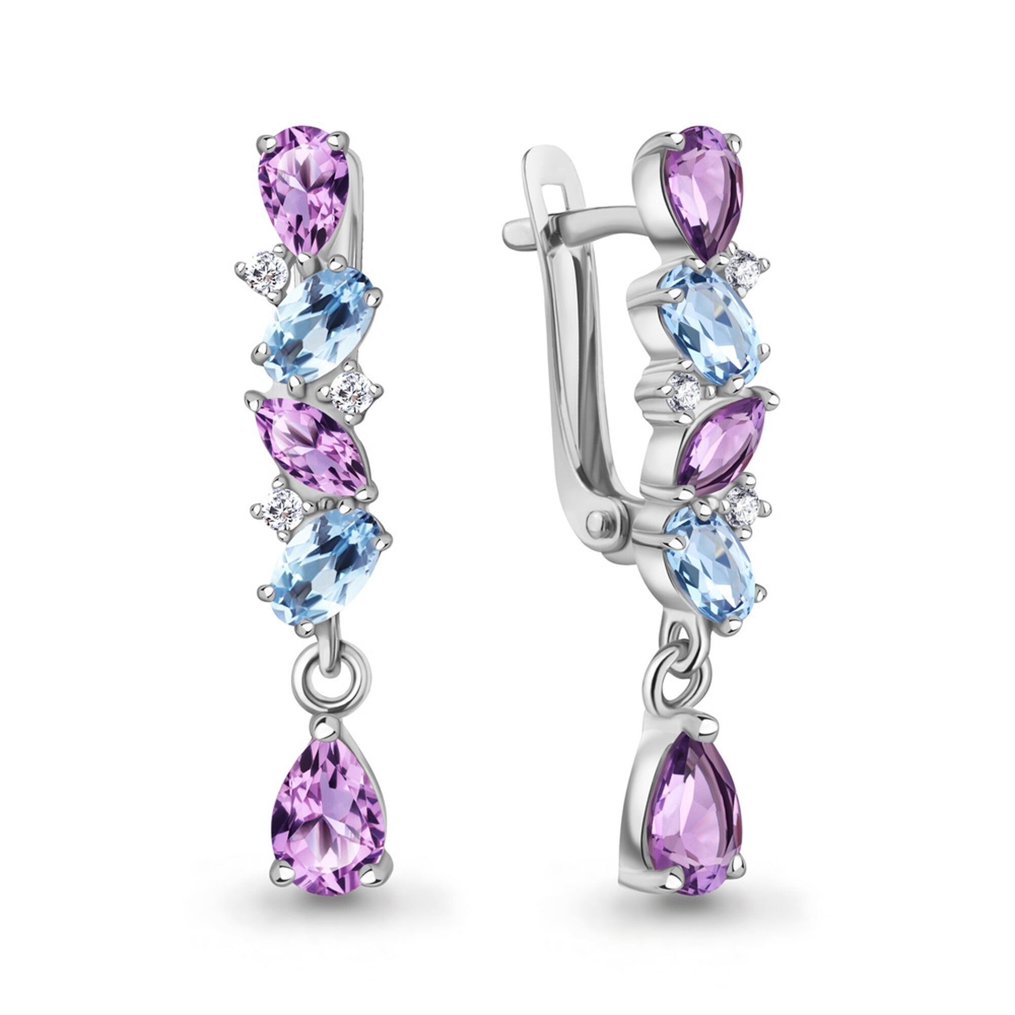 Серьги Diamant online, серебро, 925 проба, родирование, топаз, фианит, аметист