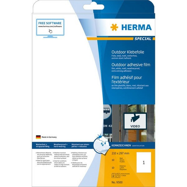 HERMA 9500 (всепогодные) outdoor Этикетки самоклеющиеся Полиэстровые А4, 210.0 x 297.0, матовые, цвет: Белый, клей: перманентный, для печати на: лазерных аппаратах, в пачке: 10 листов/10 этикеток