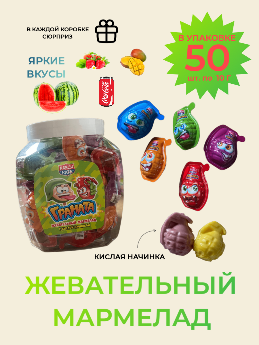 Жевательный мармелад "Граната"/ Жевательная конфета фруктовая/ Сладости для детей, упаковка 50 шт./ 1 шт. 10 грамм