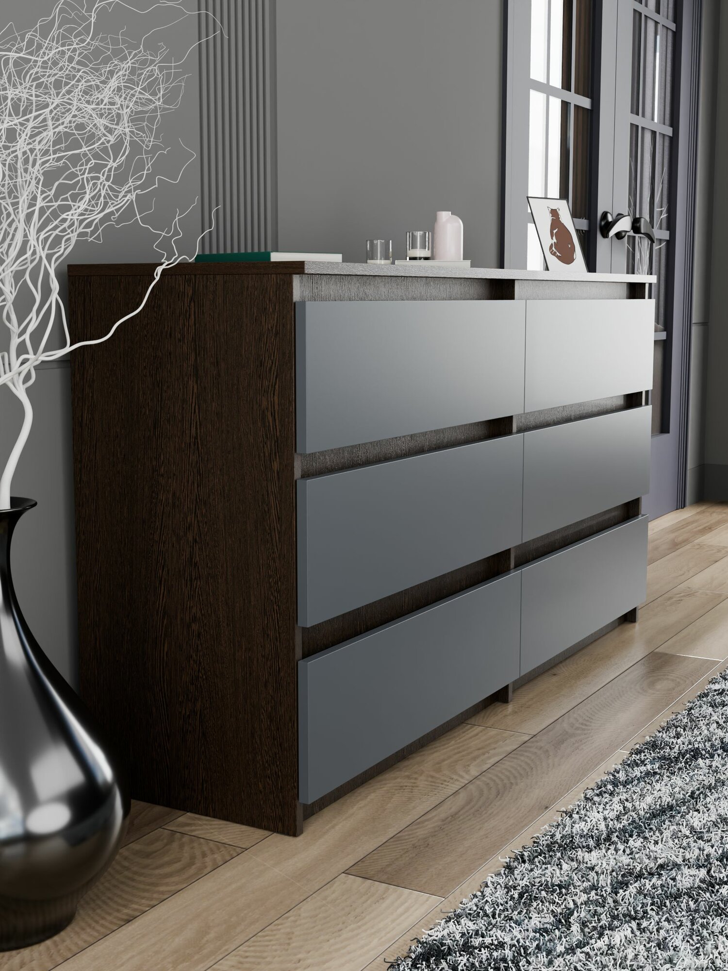 Комод для белья и одежды орлан 6 ящиков, 140х76.4х40 см, венге/графит