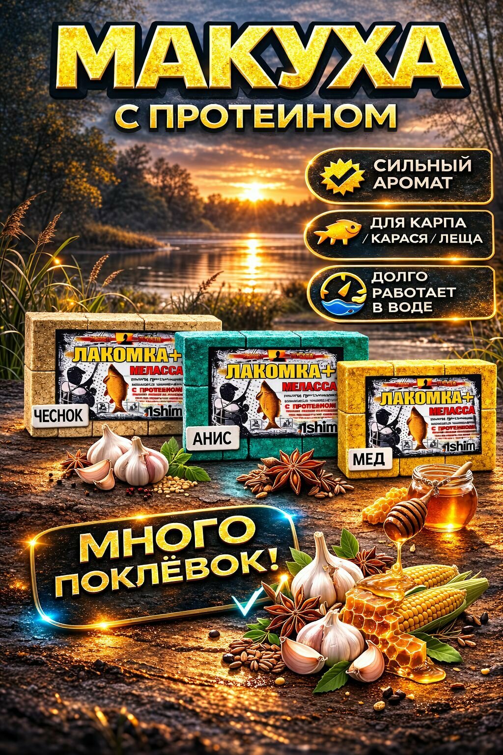 Рыболовная прикормка "Чеснок-Анис-Мед" 30 кубиков, кубики прессованные для фидера и поплавка карп карась лещ сильный аромат