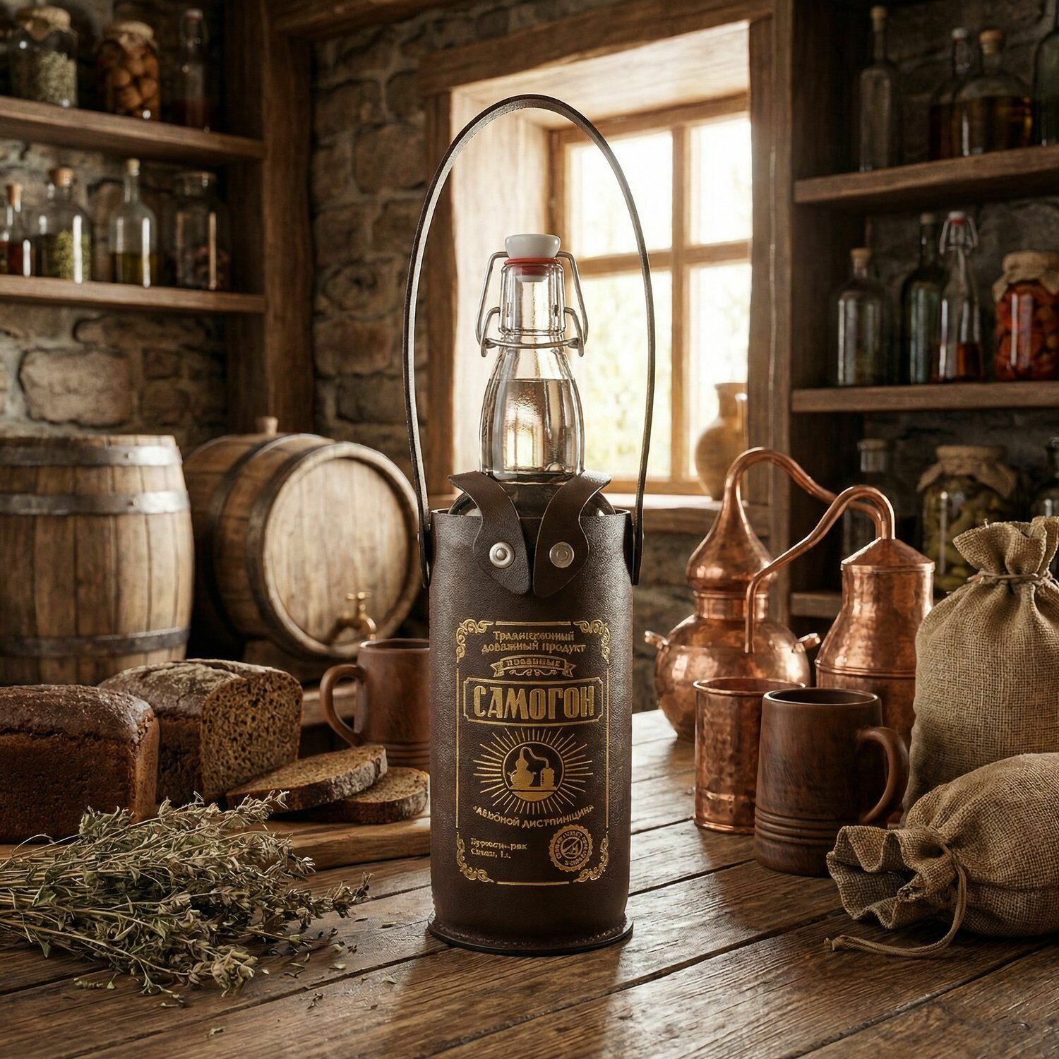 Бутыль Самогон 1л. стеклянная в чехле из натуральной кожи СК.31. ТКЗ. Самогон
