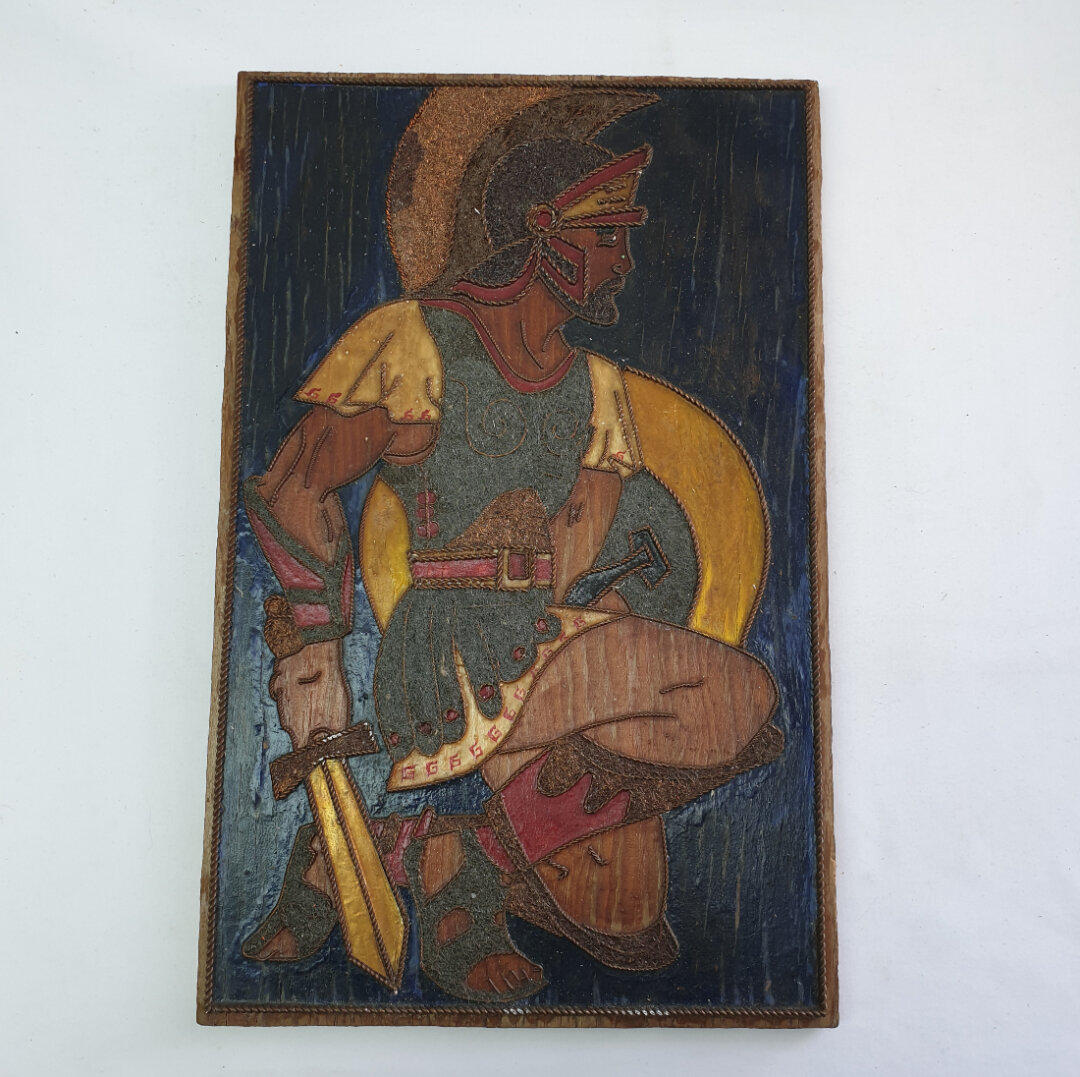 Винтажное панно Воин с мечом размеры 30х45 см, медная проволка, дерево. Винтаж, СССР.