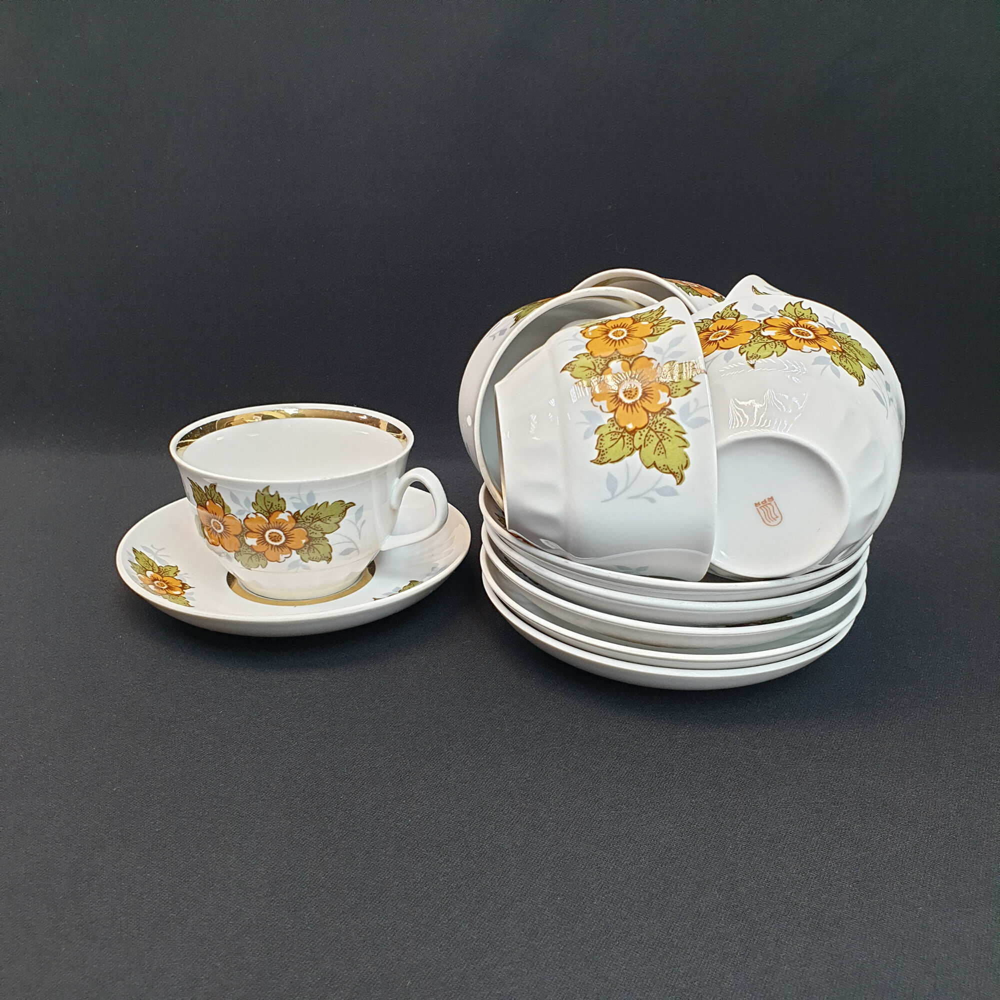 Винтажный набор из 6 чайных пар Рига, фарфор деколь позолота 200 мл, СССР