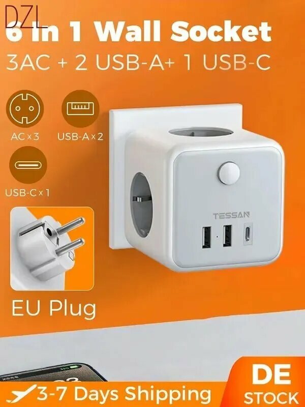 TESSAN 6-в-1 розетка с 3 разъемами, 2 USB-C и 1 USB-A портами, выключателем, для кухни и офиса