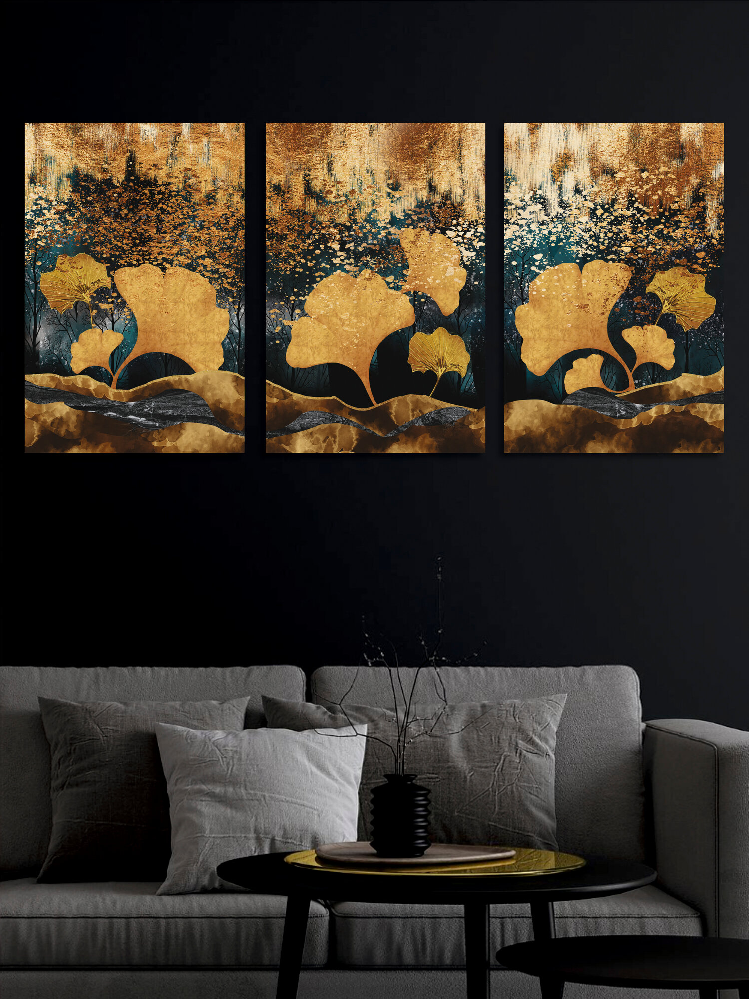 Модульная картина для интерьера на стену природа. Осенние листья Гинкго билоба 40х60 см - 3 шт, холст на подрамнике