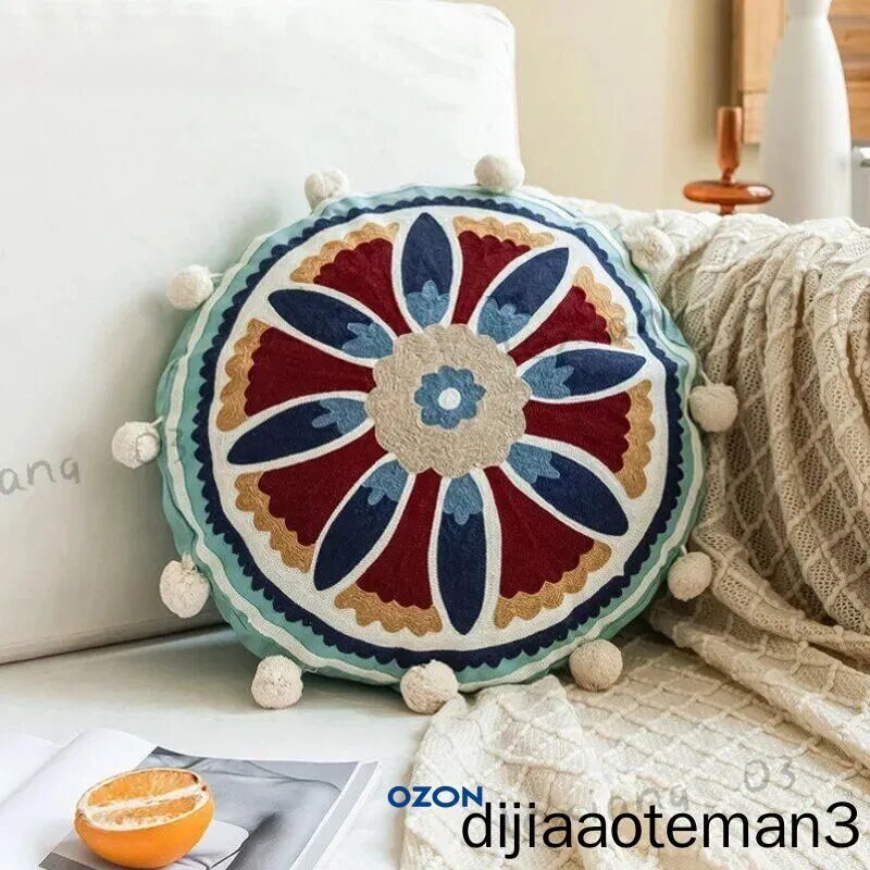 Наволочка декоративная 45x45 см с вышивкой, круглая, хлопок, для сидений и у.