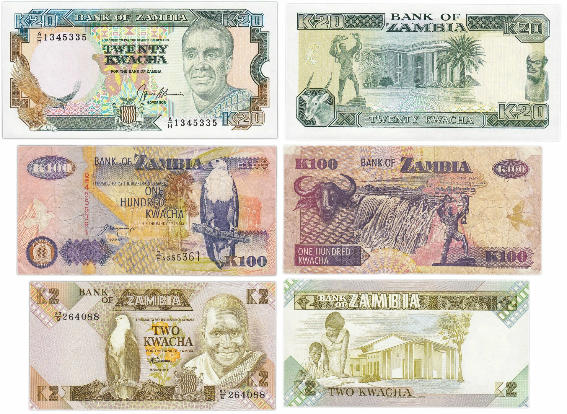 Замбия набор из 3 банкнот 2, 20, 100 квача 1980-2001