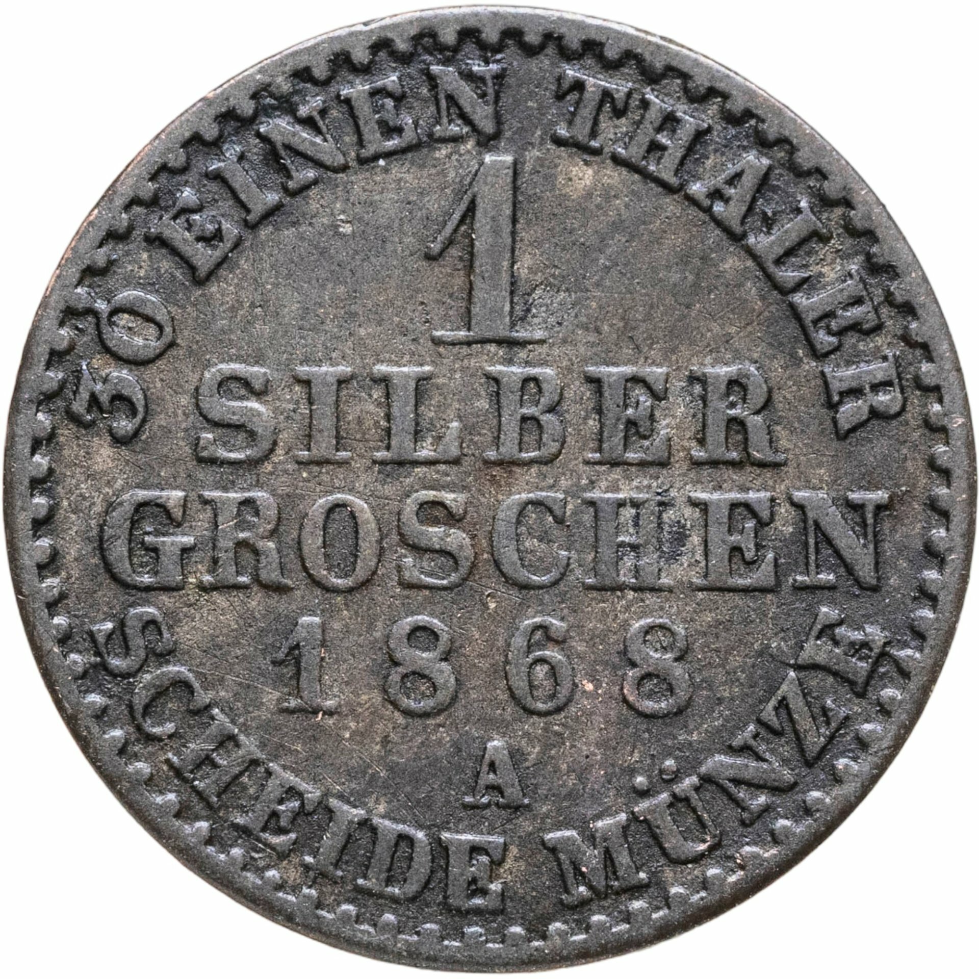 Пруссия 1 грош 1868 "А", Серебро 222, в сохранности VF