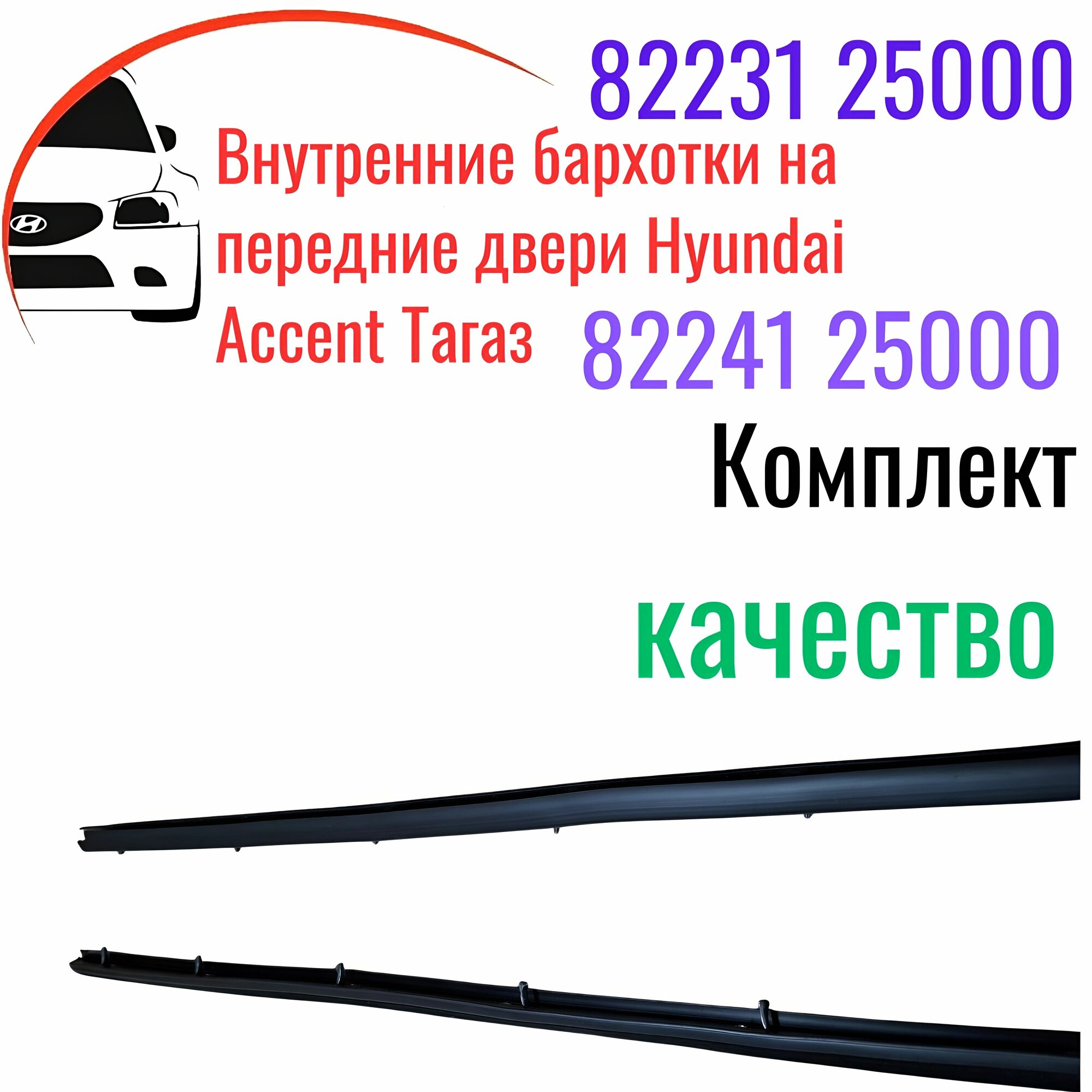 Внутренний уплотнителей стекла двери Hyundai Accent, Бархотки Хендай Акцент Тагаз комплект передние двери