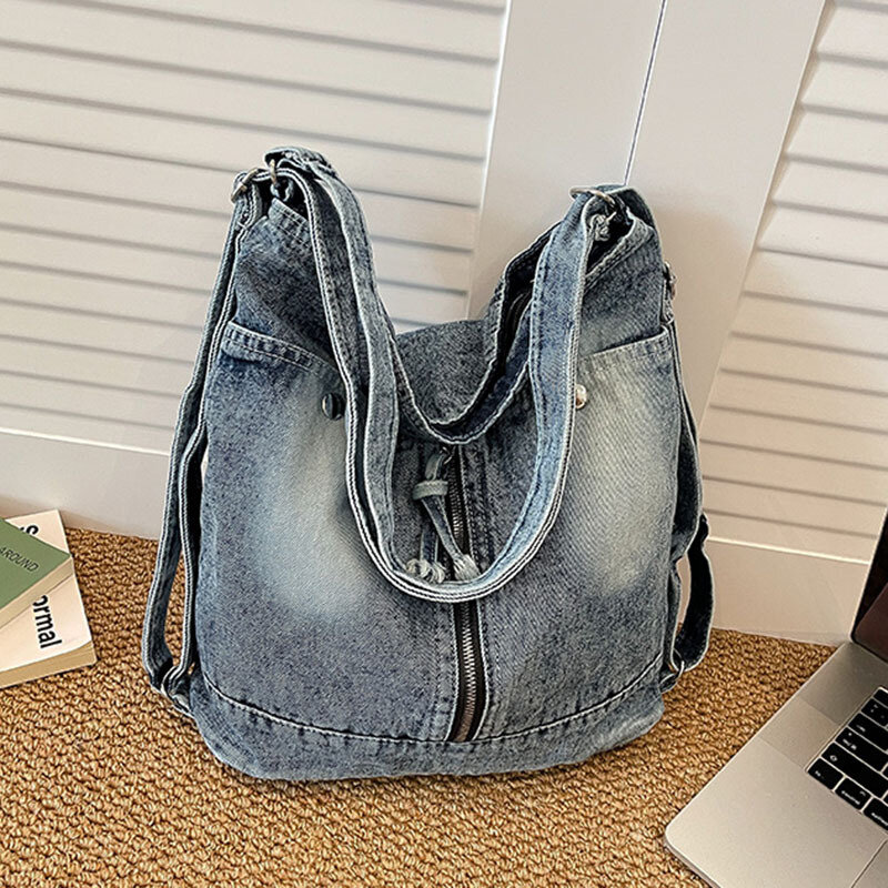 Винтажная вместительная сумка-тоут для путешествий, новая весенняя джинсовая сумка, повседневная женская сумка, мягкая сумка, модная сумка на плечо и через плечо.