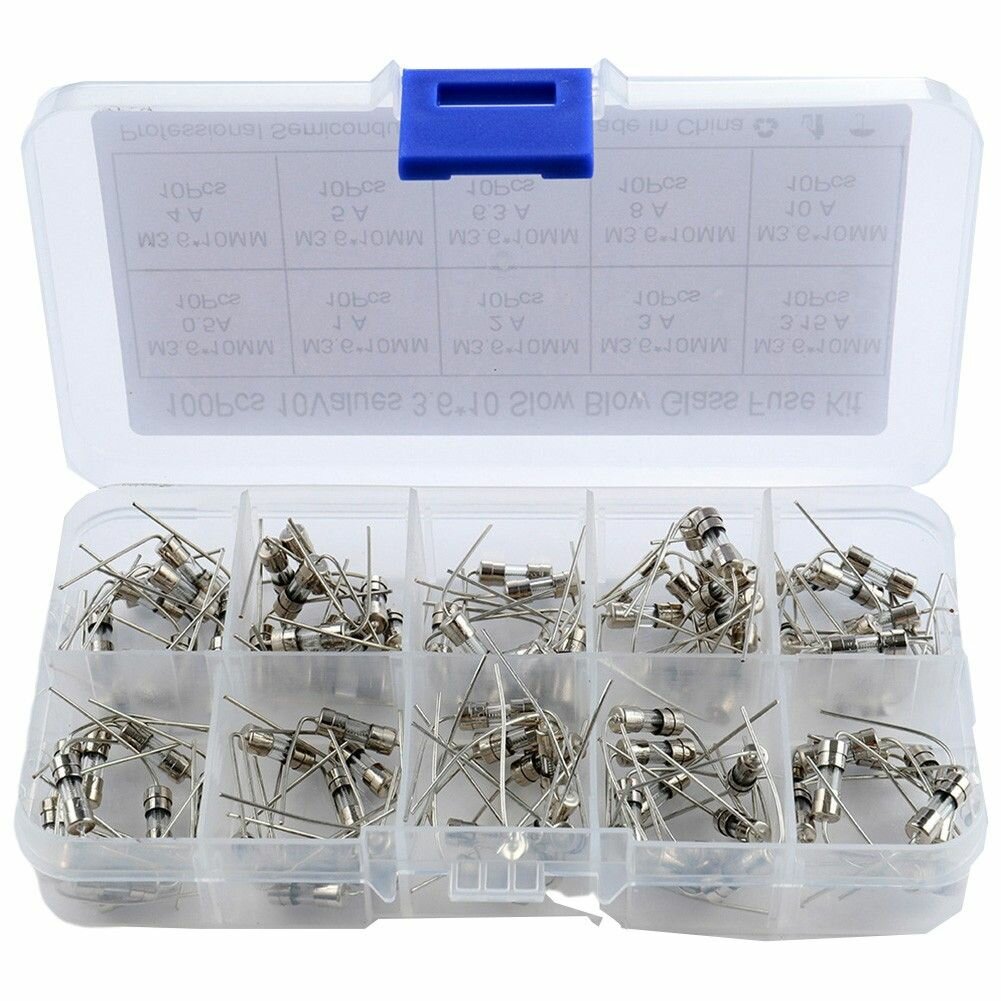 100 шт, 10 типоразмеров, стеклянный плавкий предохранитель трубчатый с выводами 3,6x10 мм, прямой, 0,5 А 10 А, 250 В