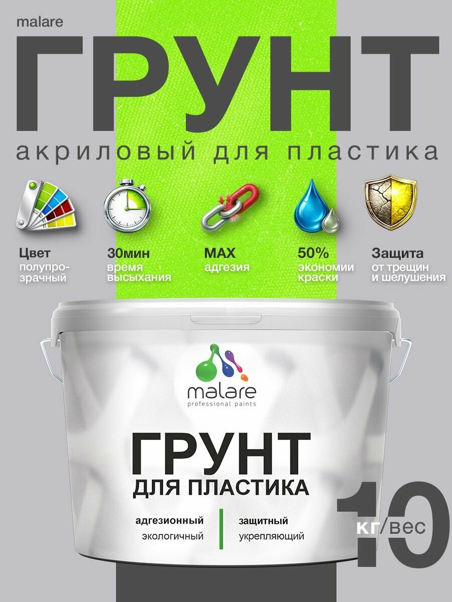 Грунт для пластика Malare акриловый адгезионный, без запаха быстросохнущий, полупрозрачный, 10 кг.
