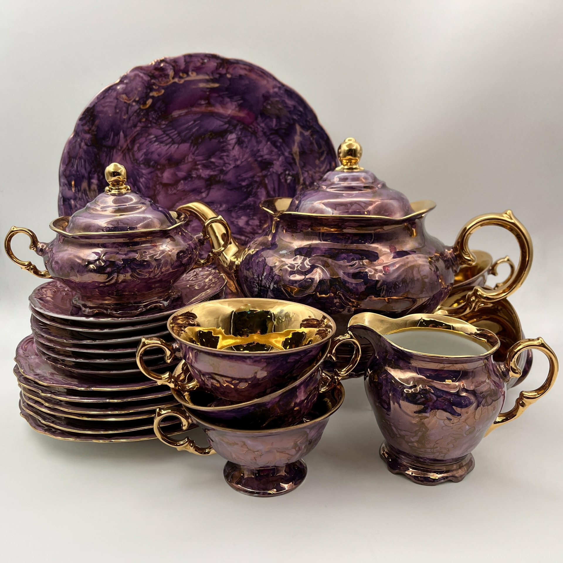 Сервиз чайный в сиреневых оттенках на 6 персон (22 предмета), фарфор, люстр