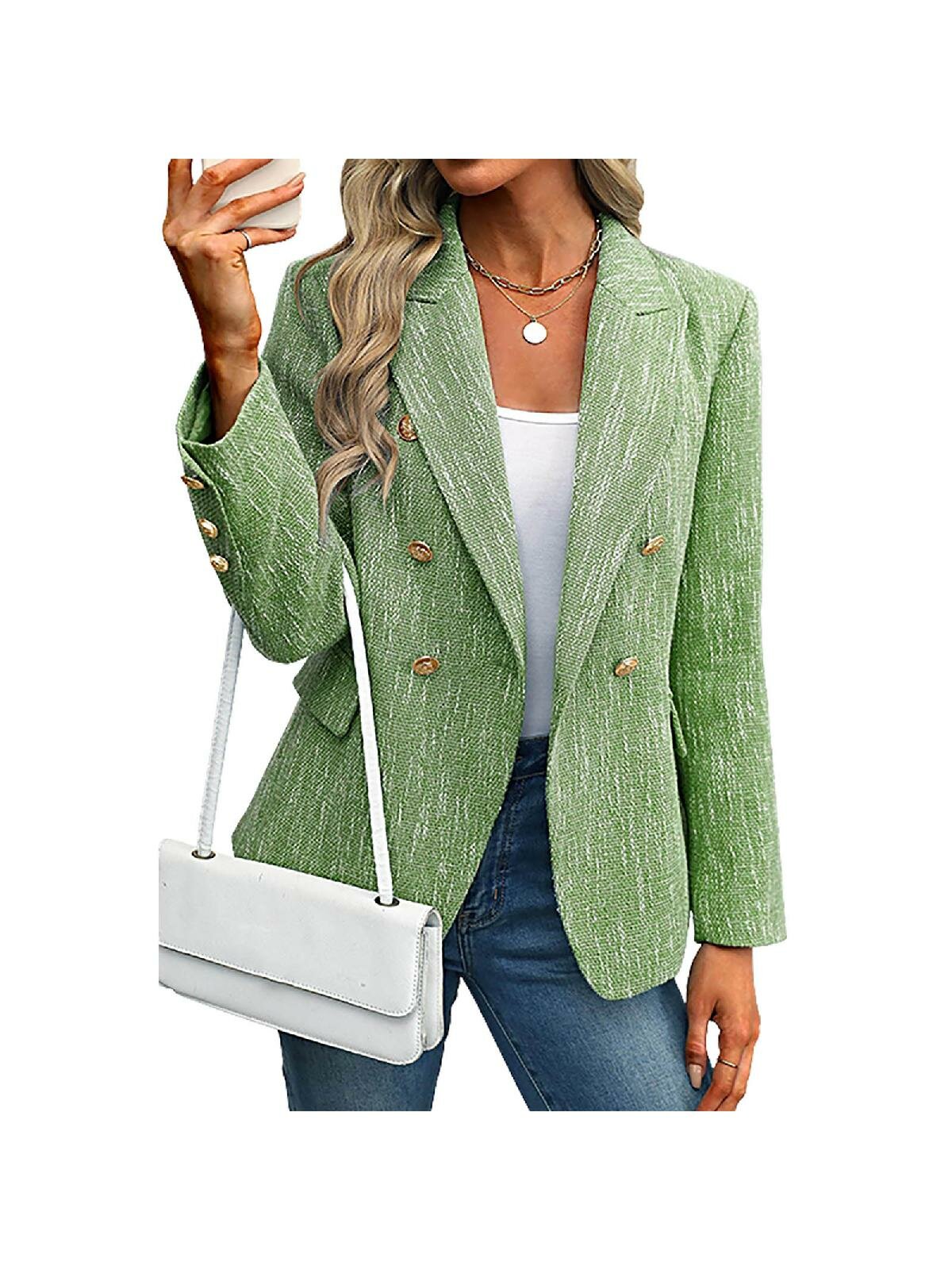 Женский Твидовый Блейзер В деловом стиле, Повседневный - Двубортный пиджак С длинными рукавами, Рабочий костюм с открытой передней частью