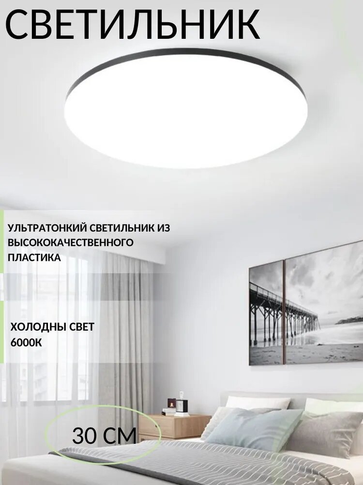 Светодиодный потолочный светильник 36 Вт 30 см. Холодный белый свет 6000K, из пластика