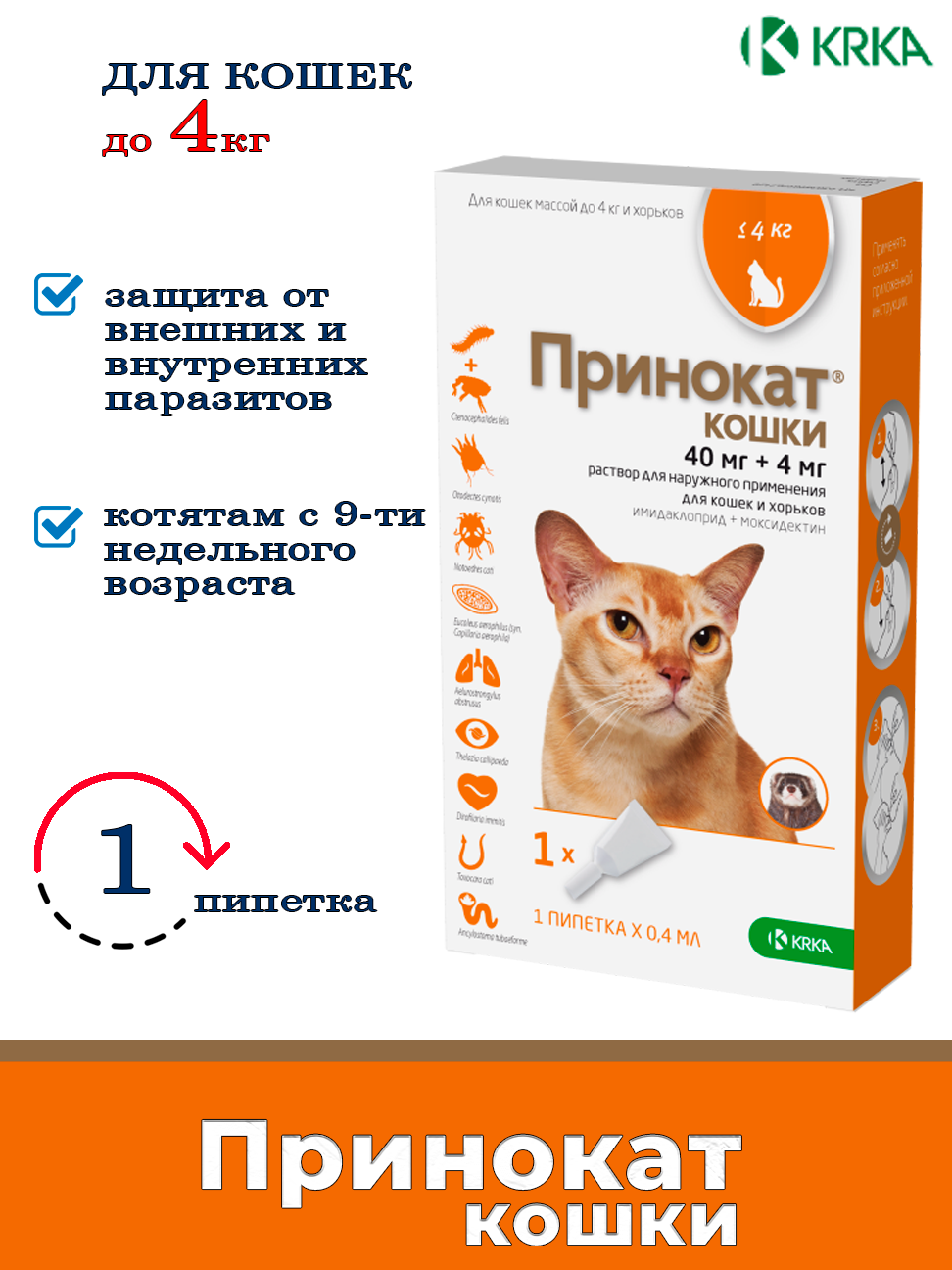 Принокат для кошек до 4 кг и хорьков, 40/4 мг, 0,4 мл капли против блох