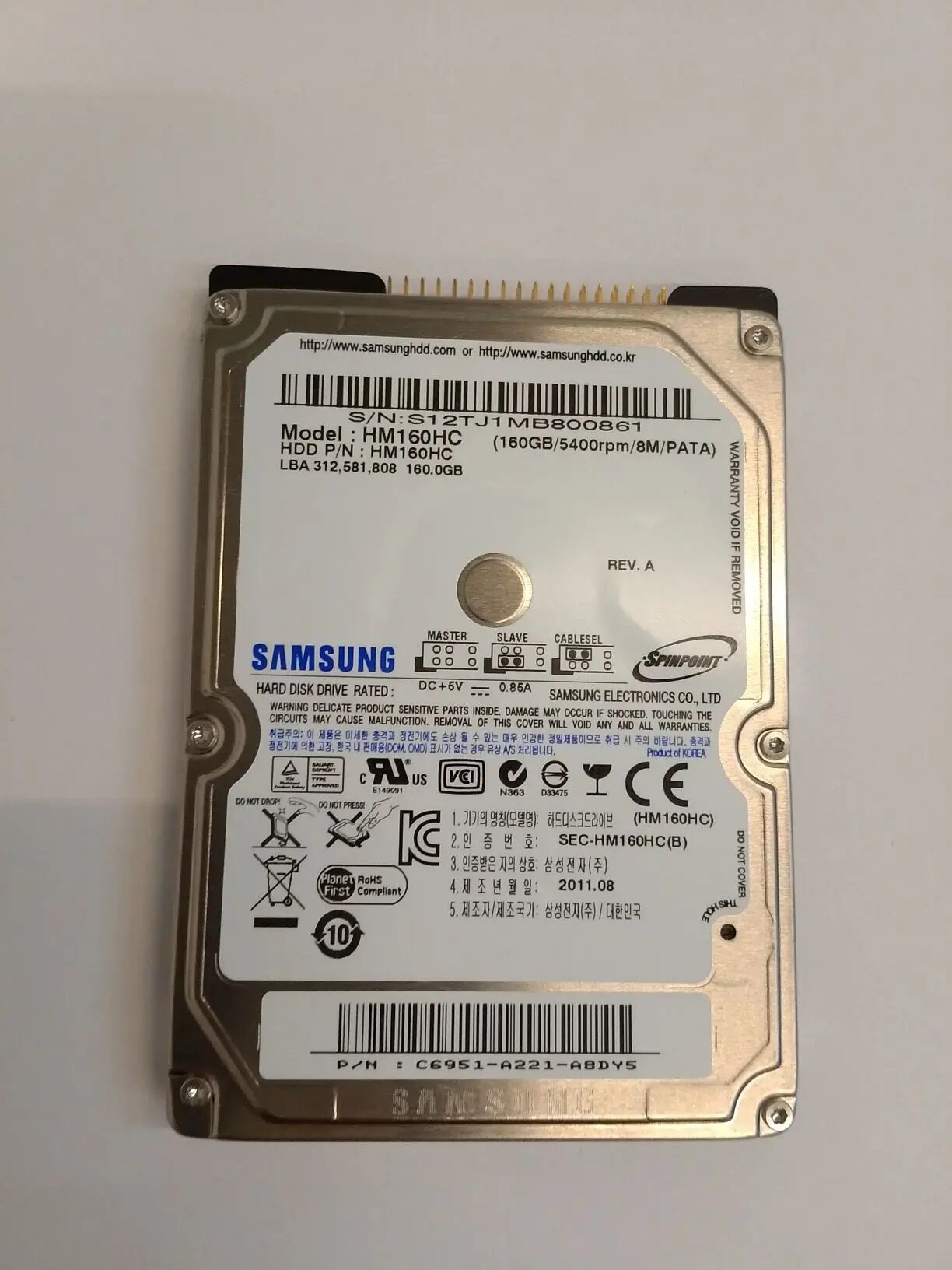 HDD диск 160 Гигабайт Samsung HM 160 HC IDE для ноутбука 2.5 дюйма