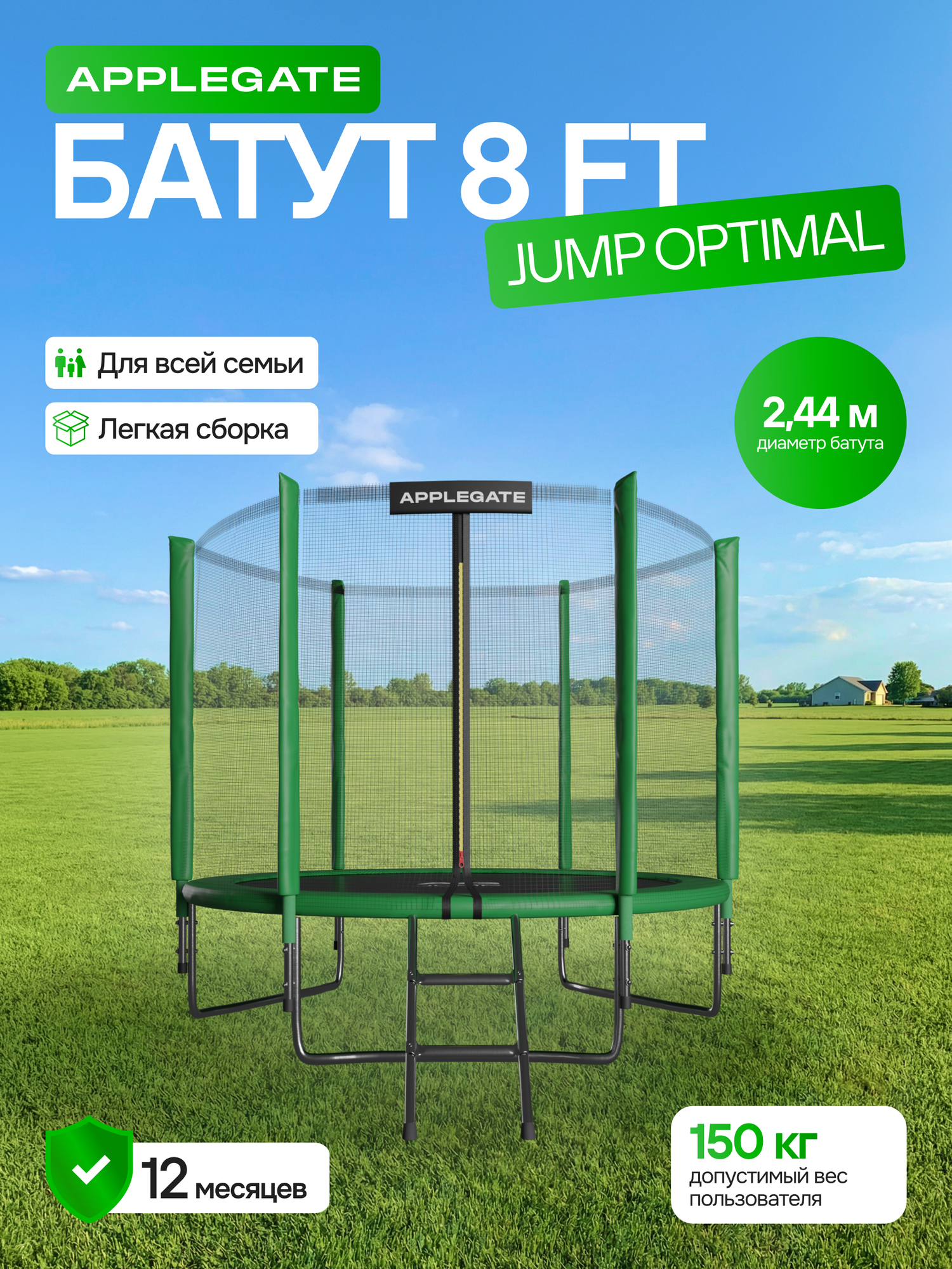 Батут AppleGate, уличный детский батут с защитной сеткой большой каркасный зеленый с лестницей 8 FT / 244 см