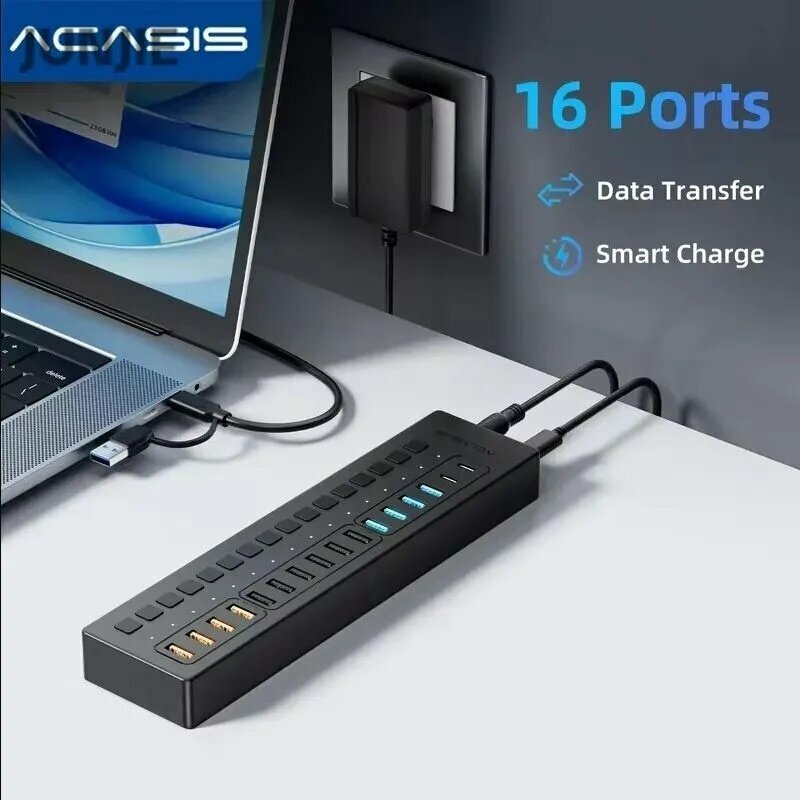 USB 3.0 USB-концентратор с питанием, ACASIS 16-портовый USB-концентратор с адаптером питания 60 Вт, настенное крепление для ноутбуков