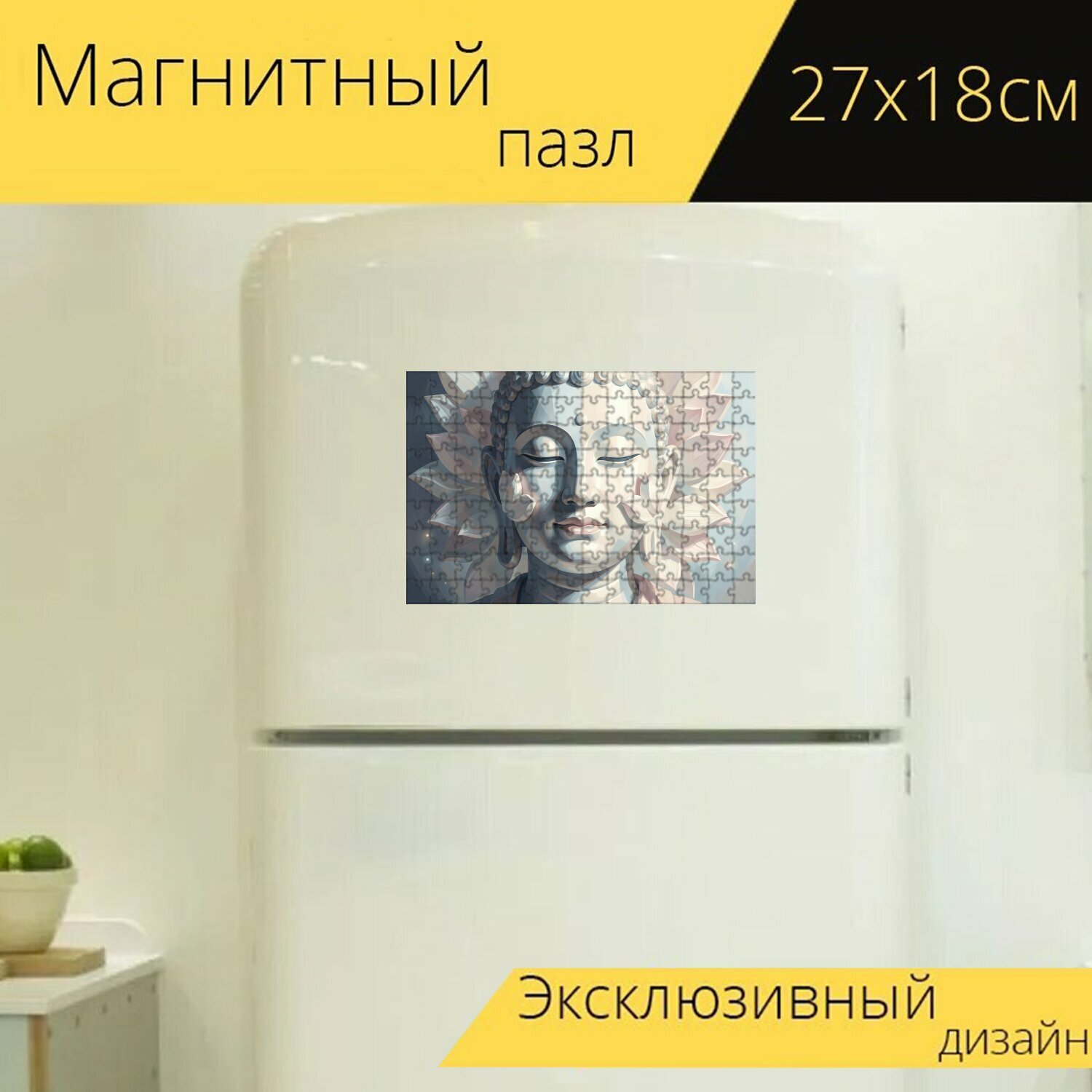 Магнитный пазл "Лик Будды с лотосами. Медитативный образ просветлённого божества с закрытыми глазами, окружённого нежными лепестками. Цифровая живопись в." на холодильник 27 x 18 см.