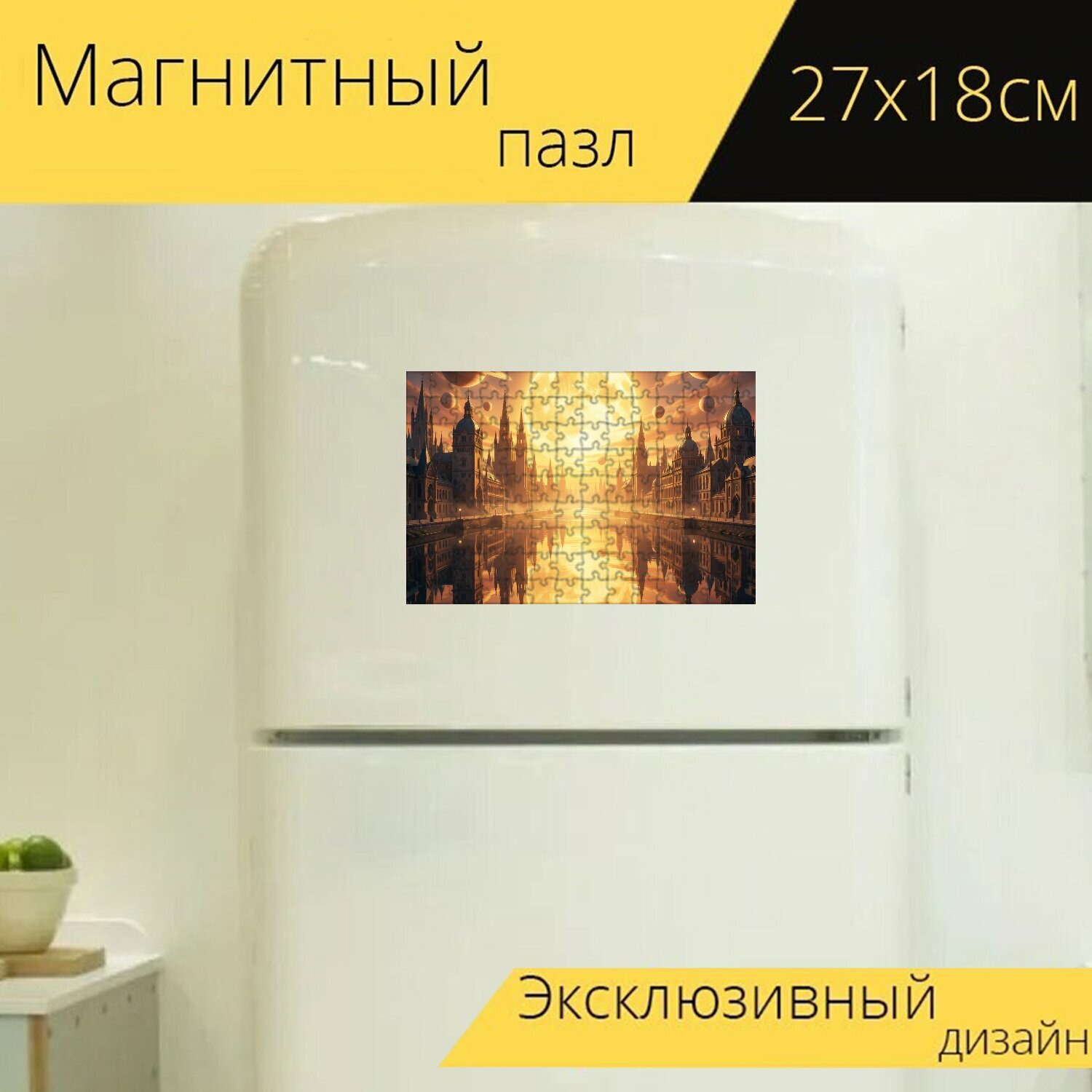 Магнитный пазл "Фантастический город с планетами. Сказочный космический пейзаж: старинная европейская архитектура у водного канала, гигантская сияющая." на холодильник 27 x 18 см.