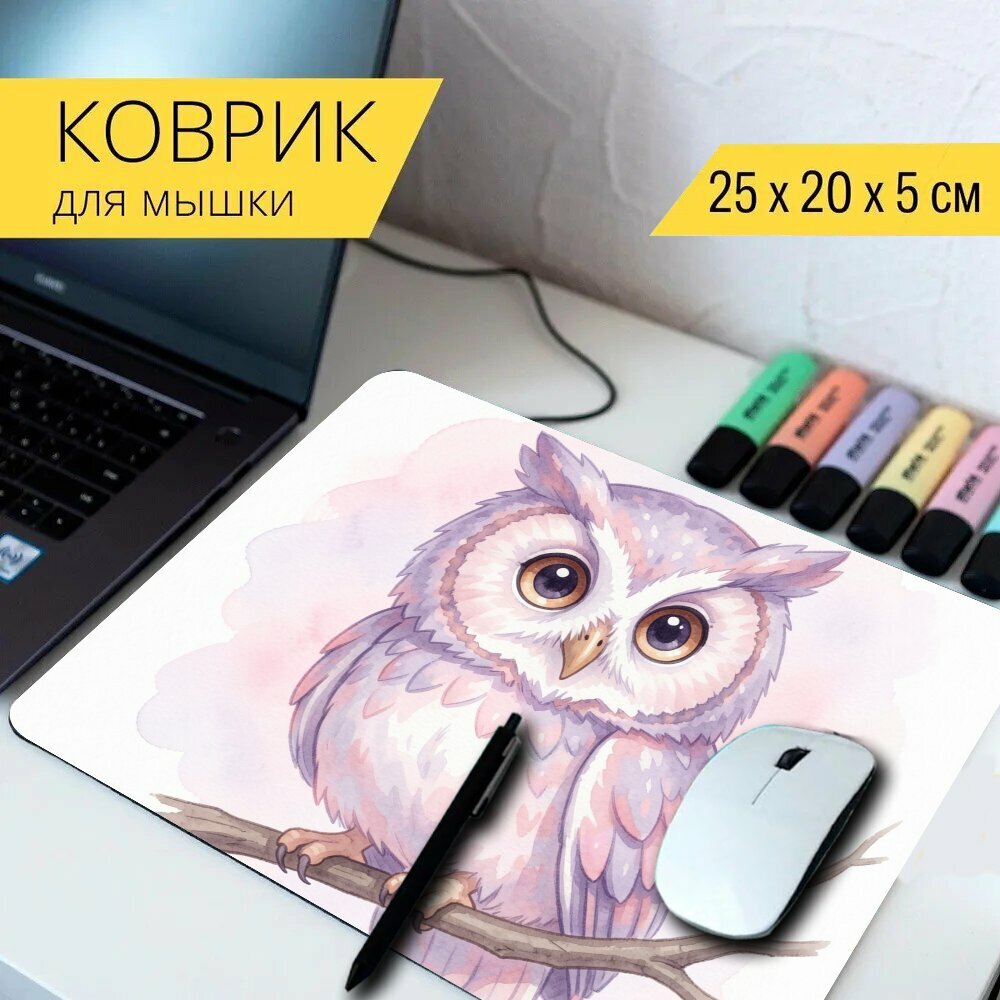 Коврик для мыши с принтом "Милая акварельная сова на ветке. Нежный филин с большими глазами сидит на древесной ветви. Пастельная иллюстрация в розово-сиреневых тонах." 25x20см.