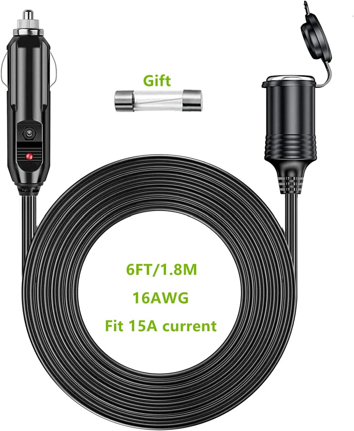 Автомобильный прикуриватель, удлинитель кабеля, внутренняя вилка к розетке, Black-EC-6FT-14AWG
