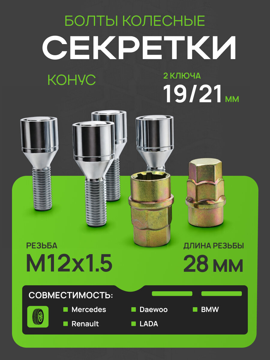 Болты секретки колесные М12х1,5 28мм