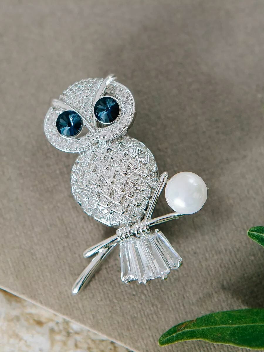 Брошь, жемчуг имитация, кристалл, фианит