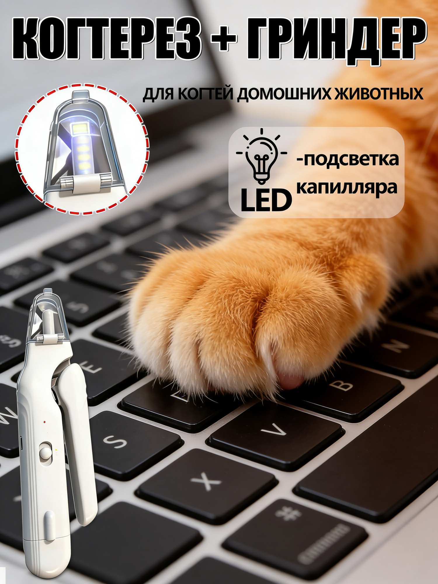Когтерезка для кошек с ограничителем безопасная с подсветкой