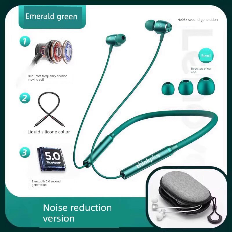 Беспроводные наушники Bluetooth с шейным держателем для спорта, бега и игр, зеленые с чехлом на молнии, длительное
