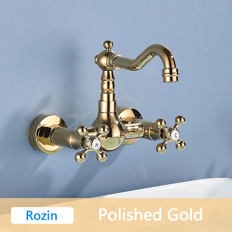 Кран для раковины Rozin Black Basin Faucet, настенный, с двумя ручками, для ванной комнаты, с поворотным выходом, антик-бронза, кран смеситель горячей и холодной воды - Полированный золото
