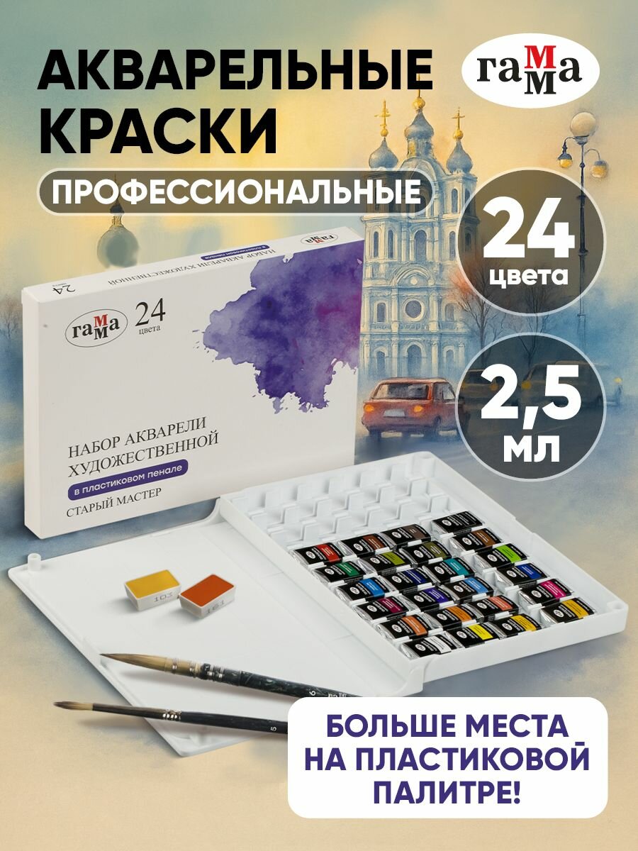 Акварель художественная профессиональная для рисования в пенале 24 цвета Старый мастер