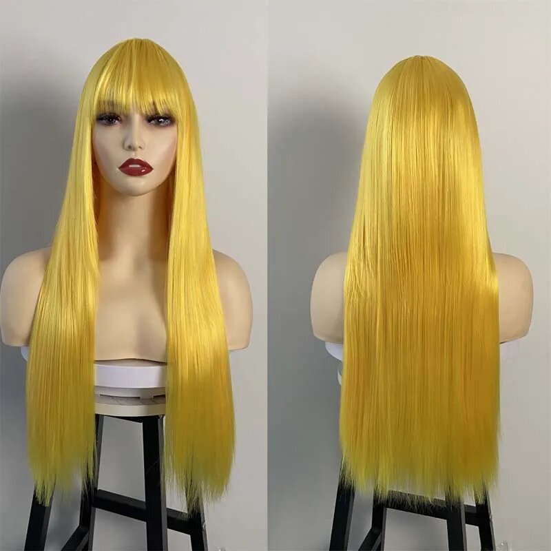 Парик длинный прямой с челкой, желтый, Wig, Размер M