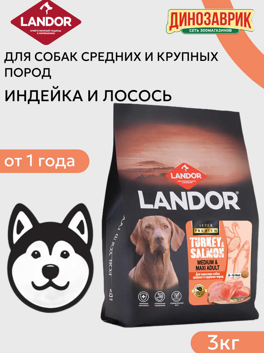 Сухой корм Landor для взрослых собак cредних и крупных пород c индейкой и лососем, 3кг