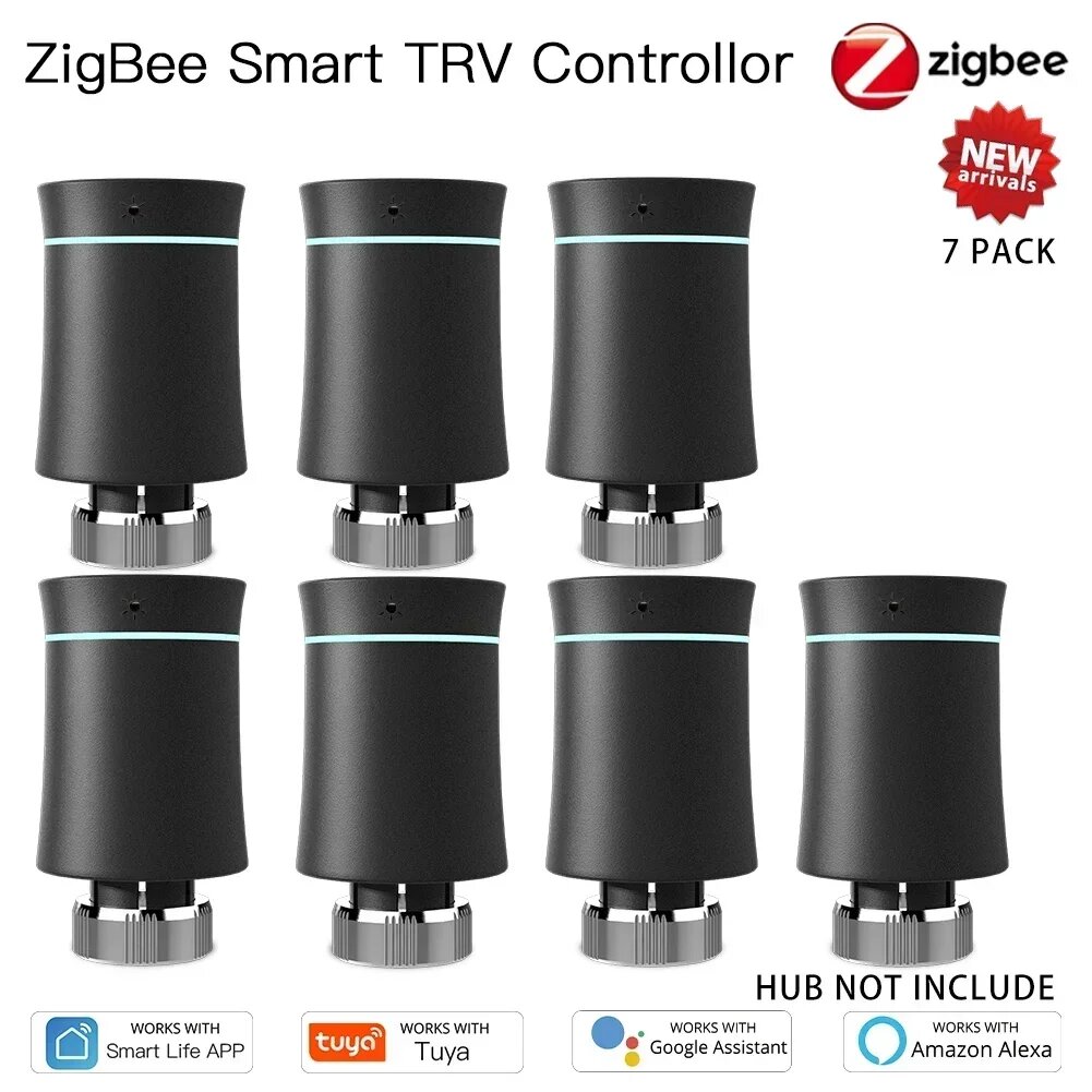 MOES TRV ZigBee 3.0 Tuya Новый привод радиаторного клапана Умный программируемый термостат Тemperatur Heater Управление голосом Alexa-7ШТ Черный клапан