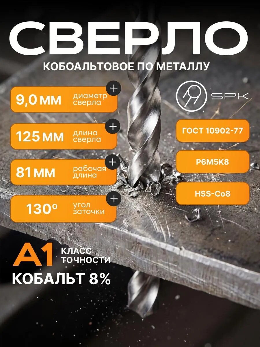 Сверло по металлу SPK, кобальтовое, твердосплавное, цилиндрический хвостовик, 9 мм