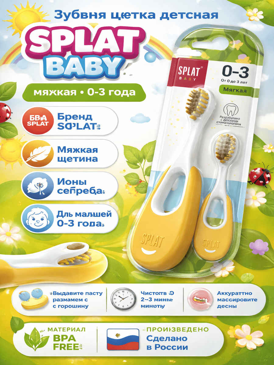 Зубная щетка детская Splat Baby с ионами серебра мягкая 0-3 года