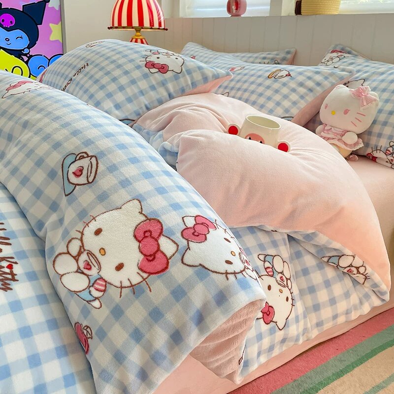 Комплект постельного белья HelloKitty из молочного вельвета, четыре предмета, осенне-зимний комплект с флисовой