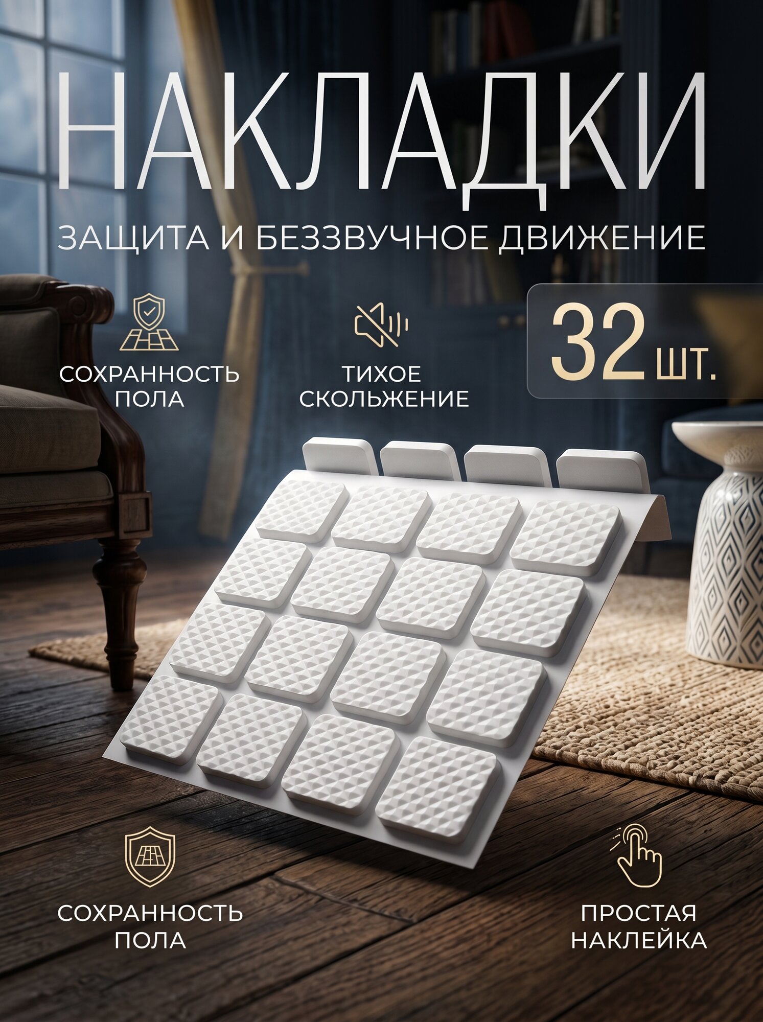 Защитные накладки для мебели и пола, 18×18 мм, 32 шт, полимерная, белая