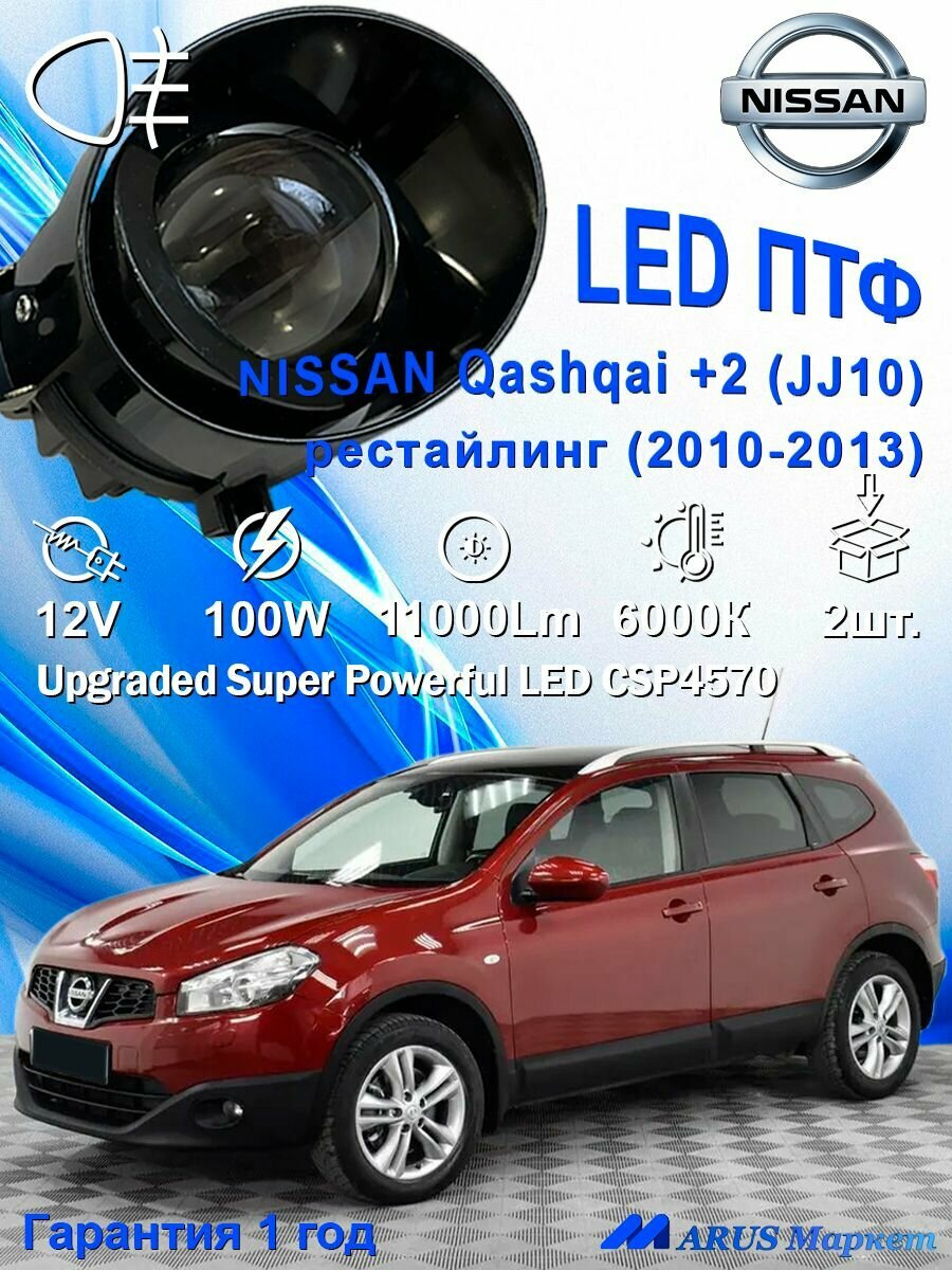 Фары противотуманные NISSAN Qashqai +2 рестайлинг (JJ10) (2010-2013) - светодиодные ПТФ линзы 100W, 6000K